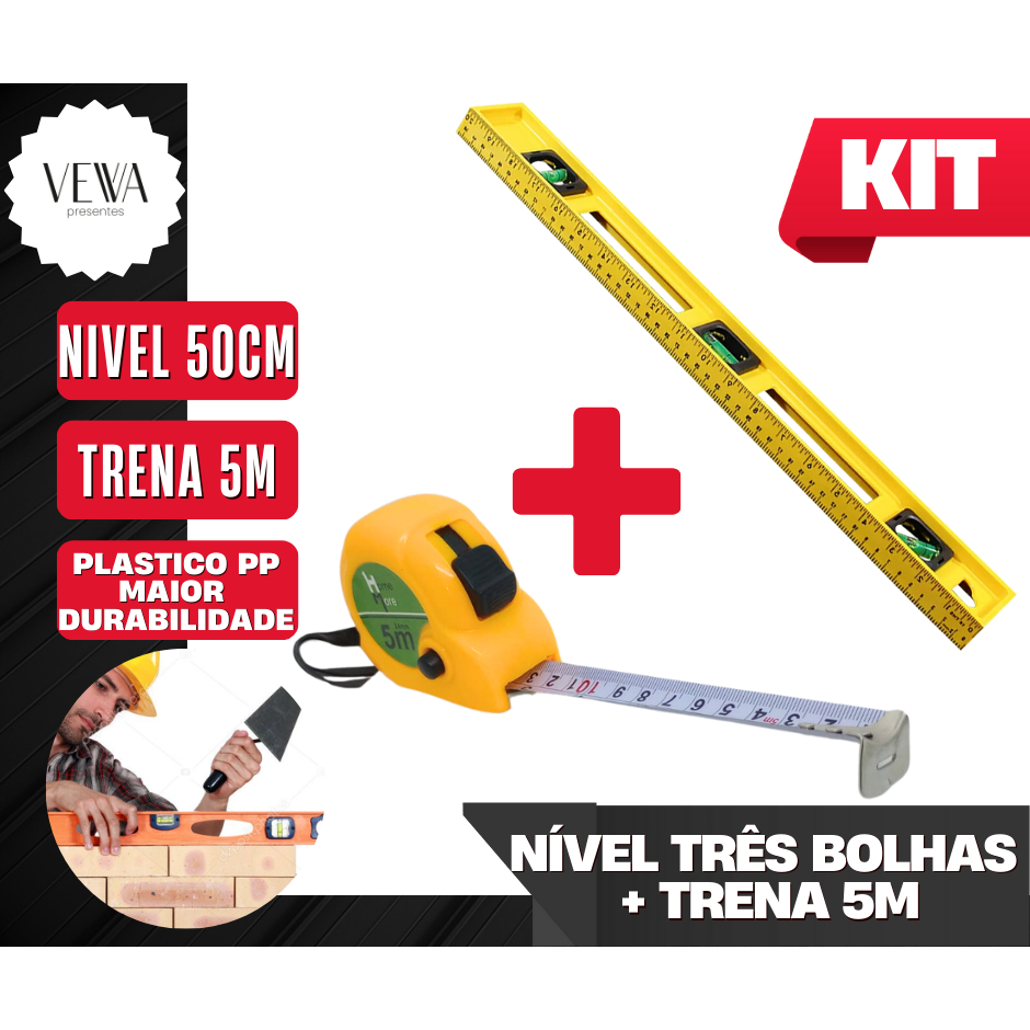 Kit Ferramentas Trena Metrica 5M + Nivel 3 Bolhas Profissional 50cm ...
