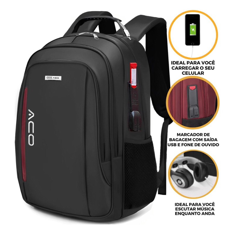 Mochila Unissex Notebook com Senha e Entrada para USB/ Fone de Ouvido ...