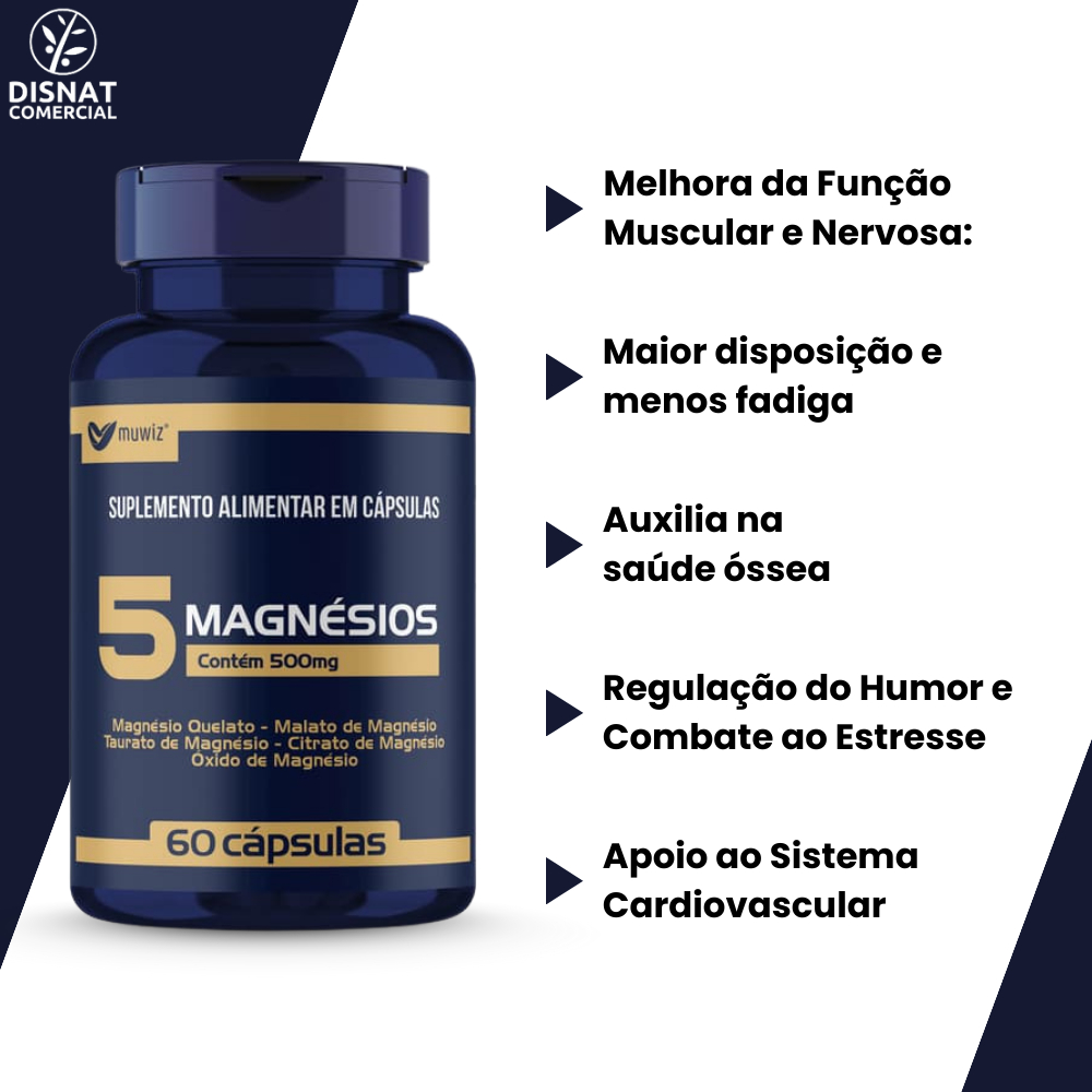 5 Magnésios 500mg 60 Cápsulas: (Quelato + Malato + Taurato + Citrato + Óxido de Magnésio ...