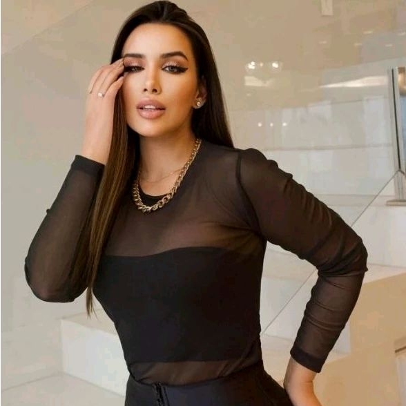 body tule transparente liso feminino manga longa gola redonda | Shopee ...