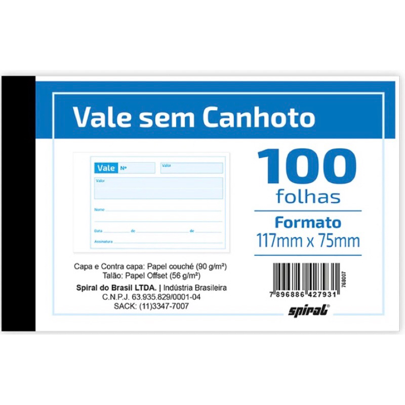 Vale sem Canhoto 100 folhas 75x117mm - BL 1 UN | Shopee Brasil