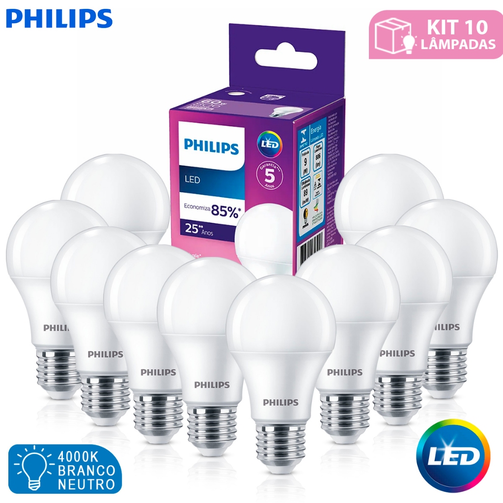 Kit 10 Lâmpadas Led Bulbo A55 9W Bivolt E27 4000K Luz Neutra Branca 806 Lúmens Casa/Lojas ...