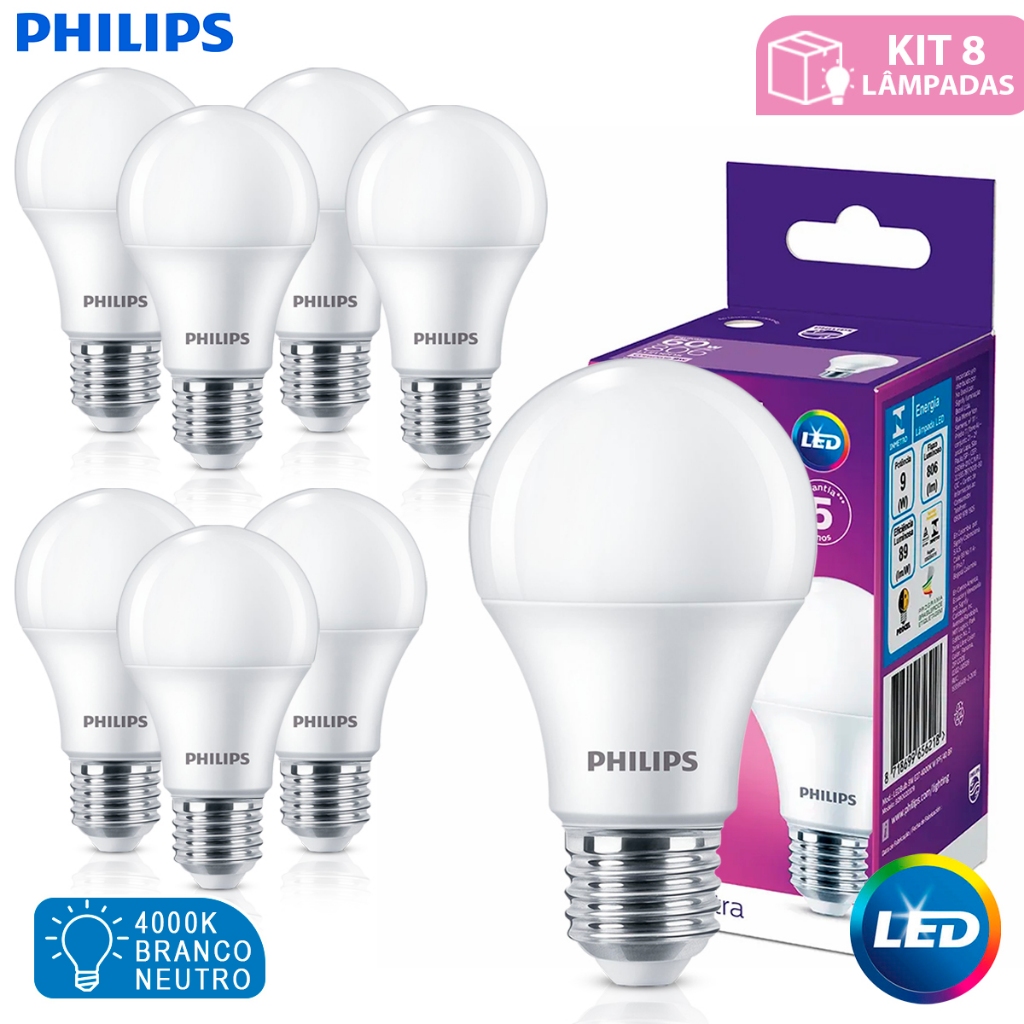 Kit 8 Lâmpadas Led Bulbo A55 9W Bivolt E27 4000K Luz Neutra Branca 806 Lúmens Casa/Lojas Philips ...