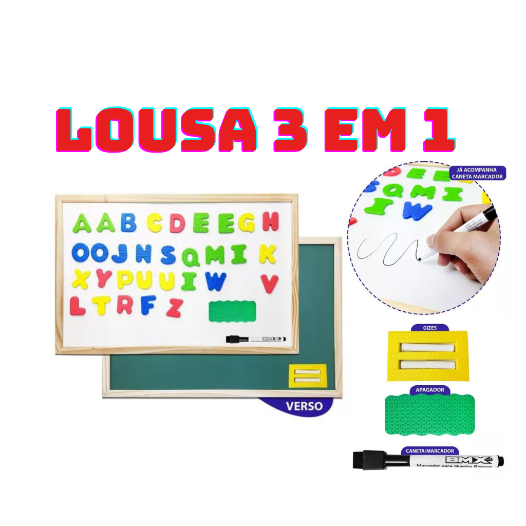 Lousa Infantil Planeta Criança 3x1 Abc 5cm 60x40cm Quadro ABC Infantil ...