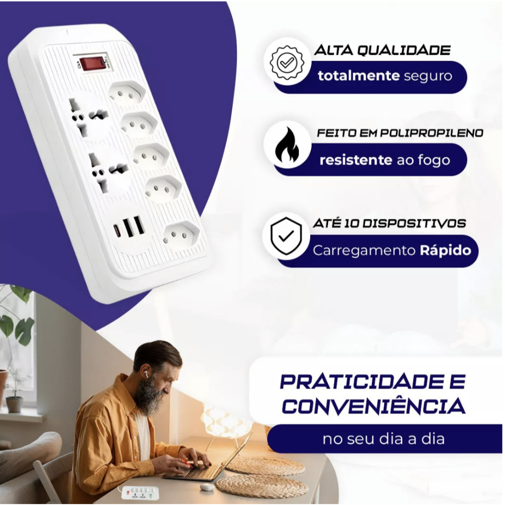 Extensão Régua de 5 Tomadas 2 Universal 2 USB 1 Tipo-C 2M F-09 | Shopee Brasil