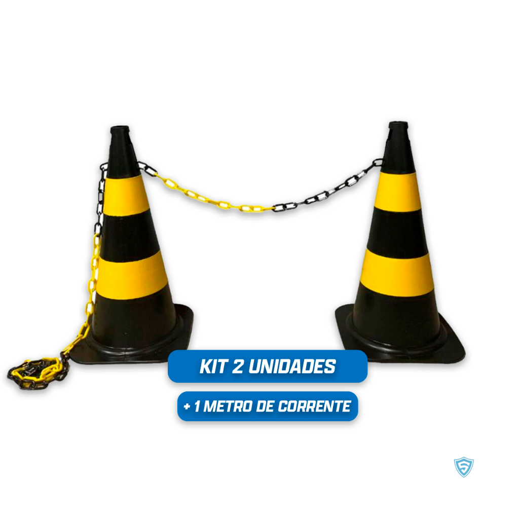 2 Cones sinalização 50cm rigido preto/amarelo 1M de correntes pretas ...