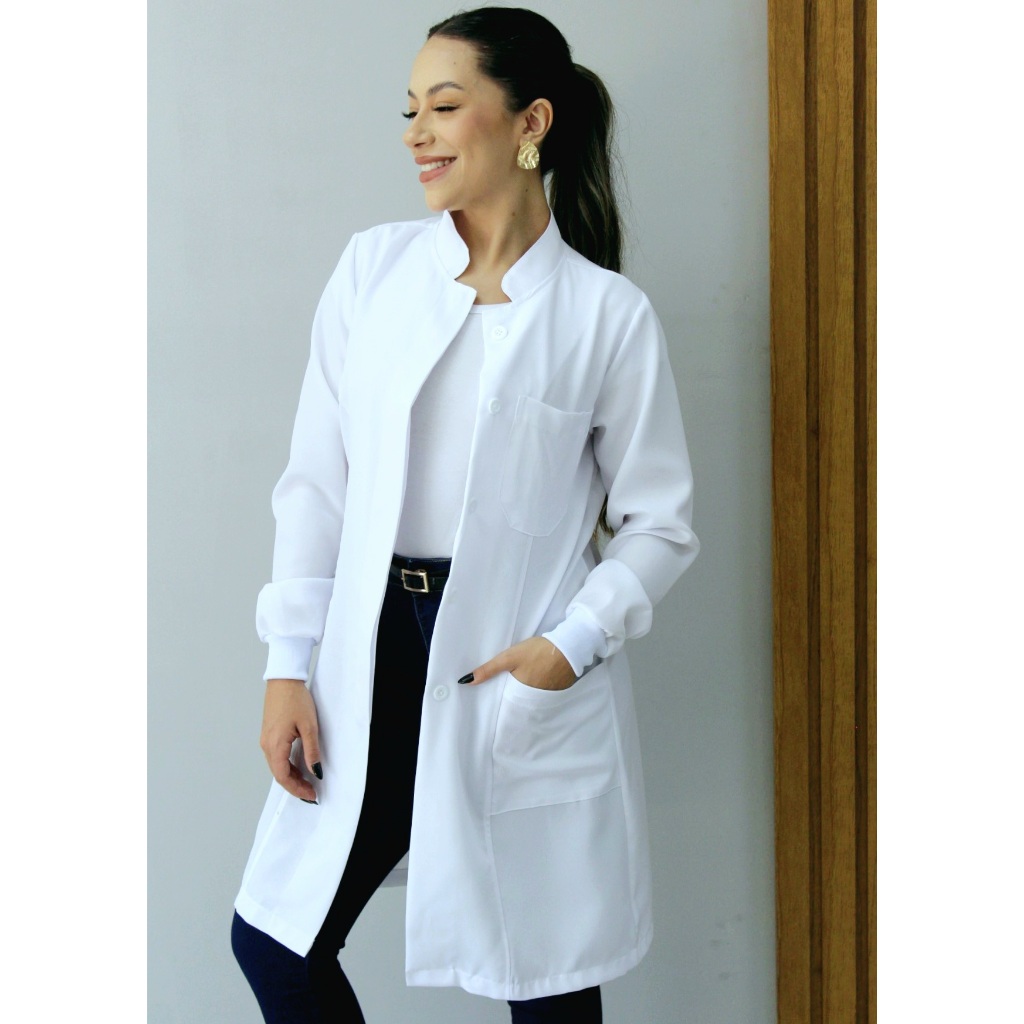 Jaleco Feminino Oxford Branco, Botão Embutido, Gola Padre, Elástico Punho, Acinturado, Manga ...