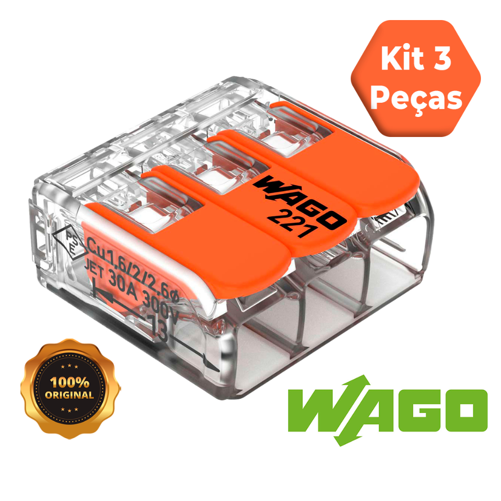 Kit 3 Peças Conector Wago Original 221-613 Emenda 3 polos 6mm 41A ...