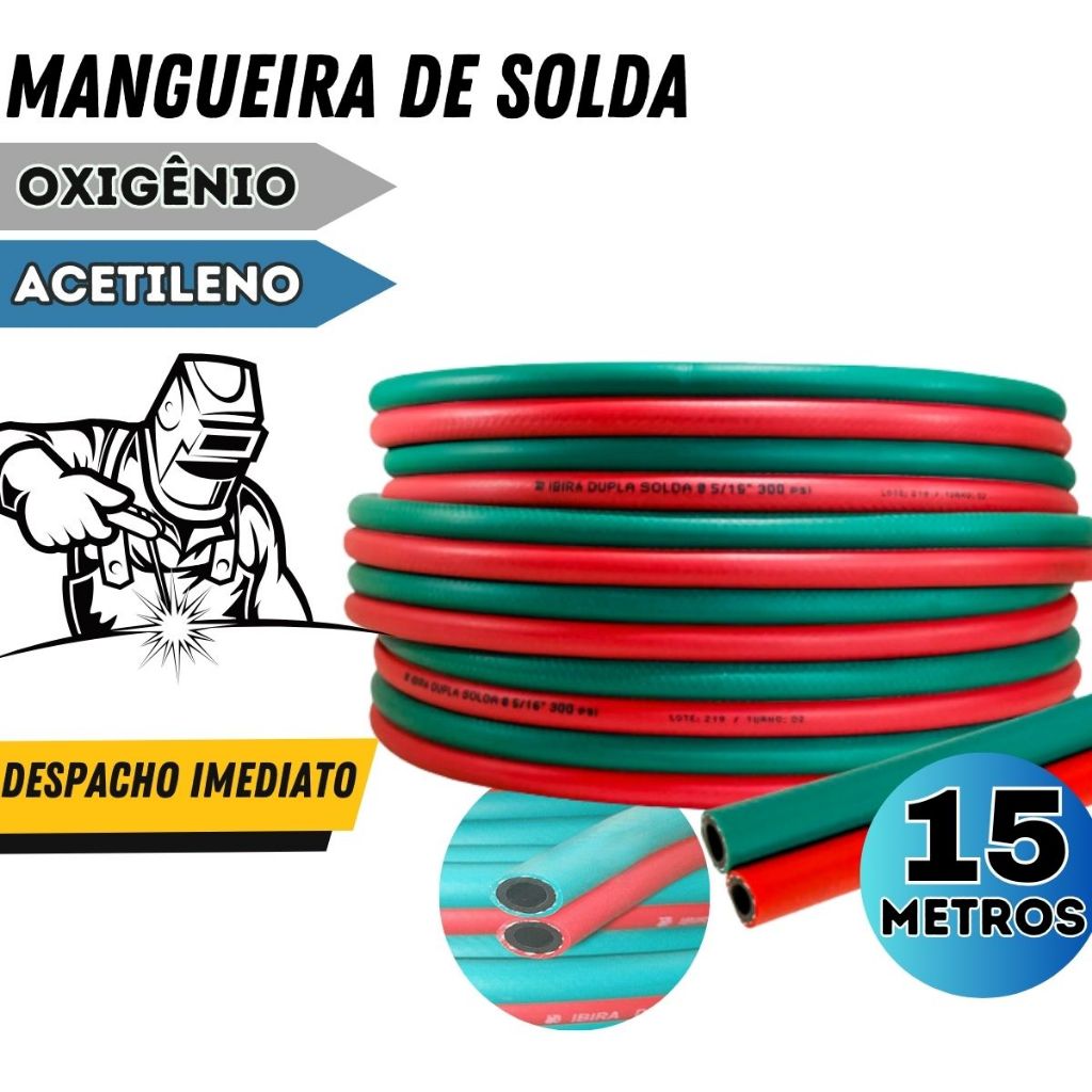 MANGUEIRA DE SOLDA DUPLA OXIGENIO/ACETILENO VERDE/VERM 300 PSI 5/16 (15 ...