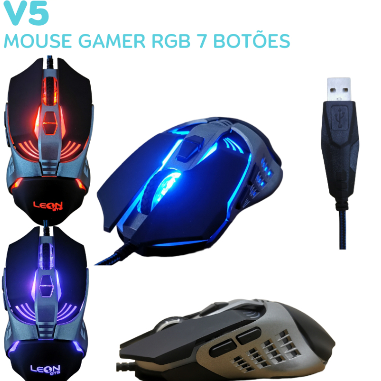 Mouse Gamer 7 Botões, 2400 DPI, Mecânico, Ergonômico, USB, V5 LEON GTS ...
