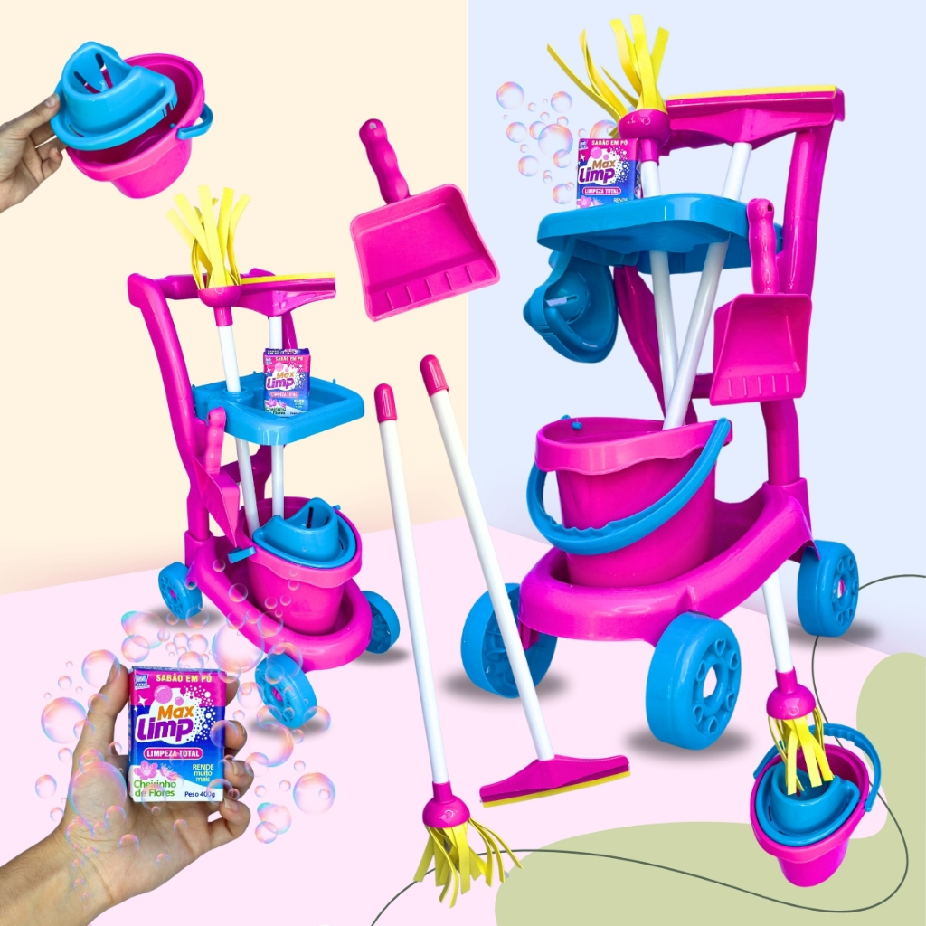 Kit de Limpeza Infantil, Vassoura, Rodo e Pá, Cor Rosa, Modelo novo e ...