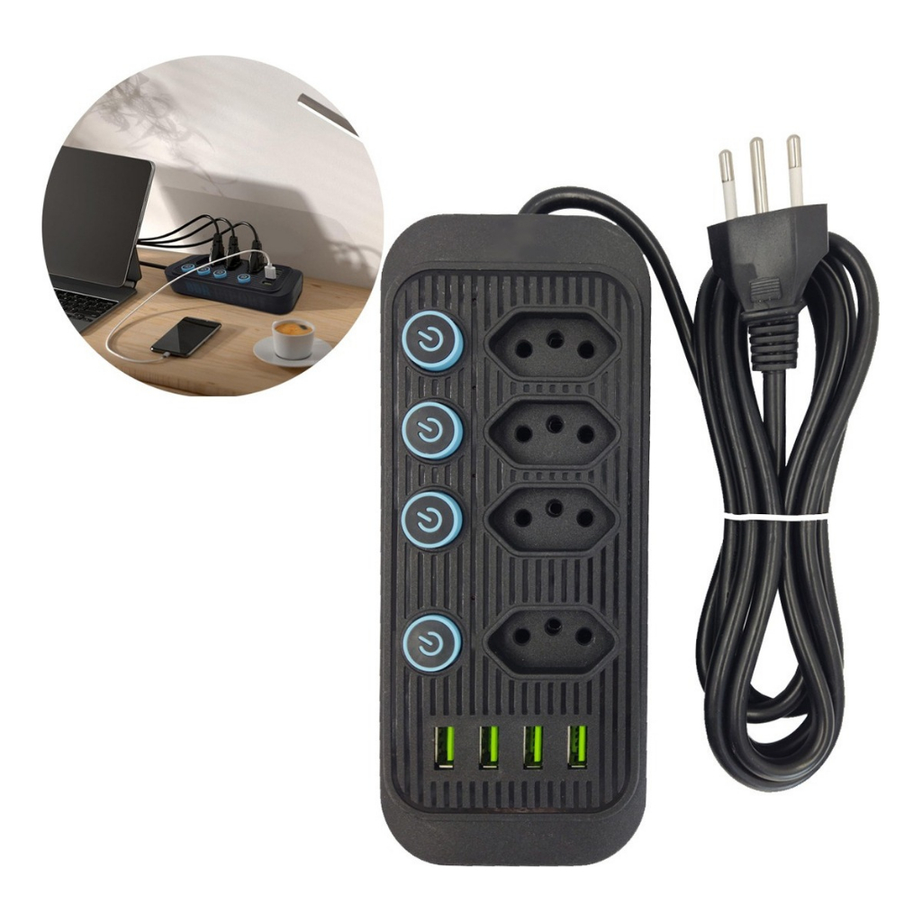 Filtro De Linha Extensão Elétrica Com 4 Tomadas 4 Usb - 2m | Shopee Brasil