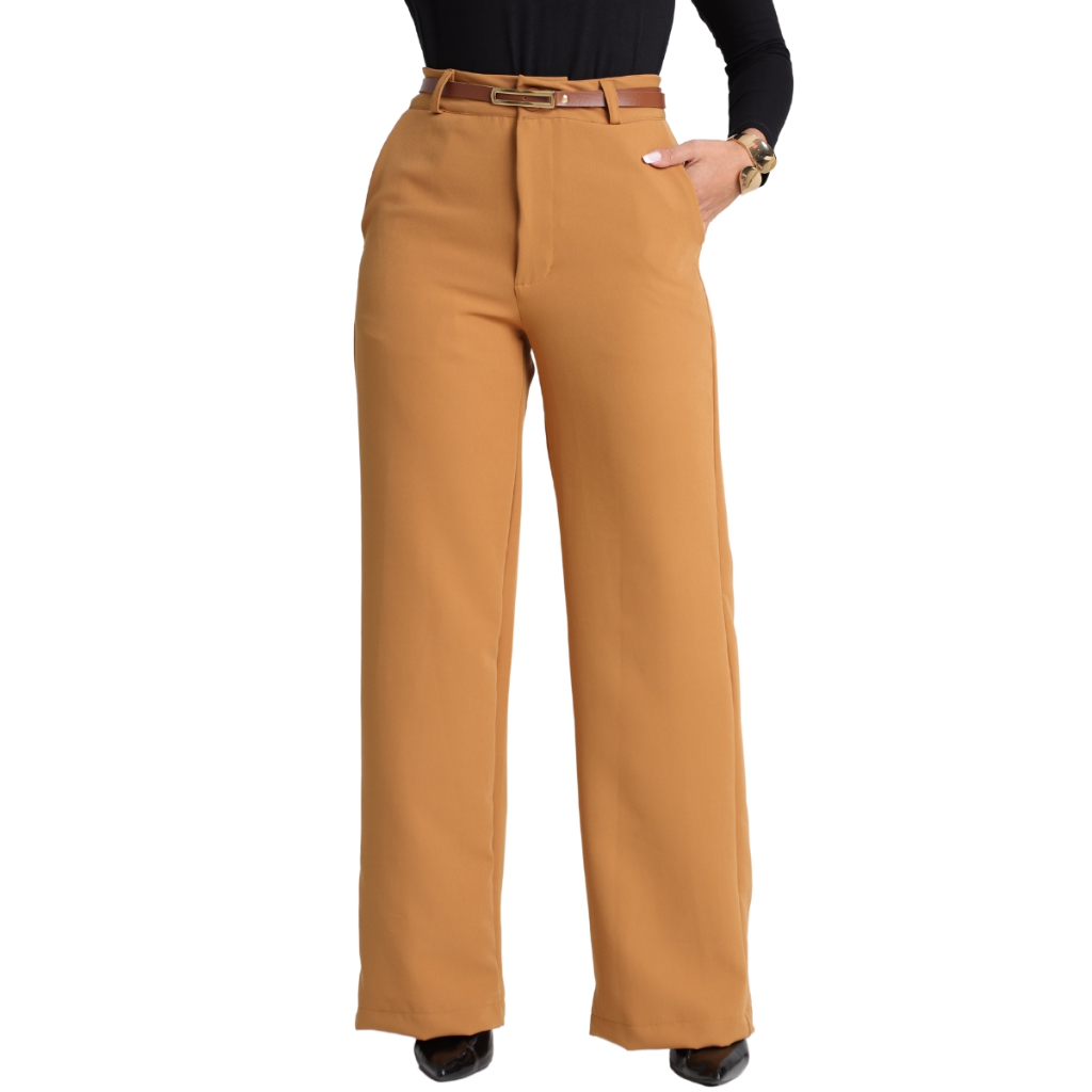 Calça Feminina Alfaiataria Wide Leg Cintura Alta Com Cinto Pantalona ...