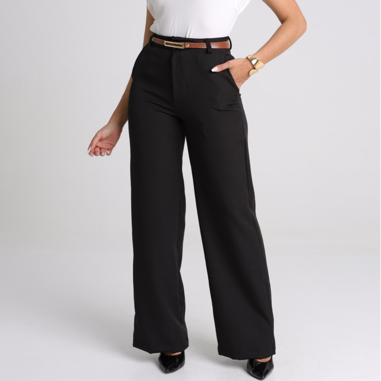 Calça Feminina Alfaiataria Wide Leg Cintura Alta Com Cinto Pantalona ...