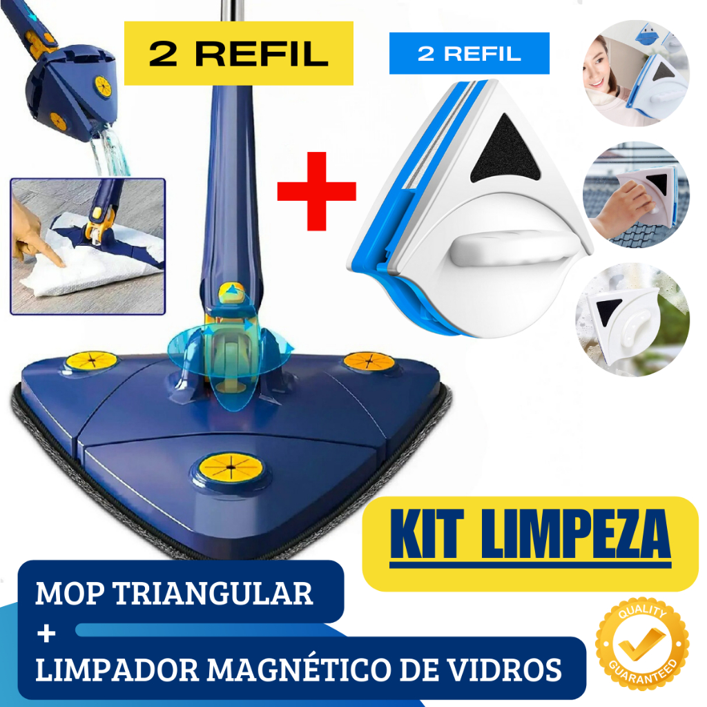 Mop Triangular Limpeza Giratório Com 2 Refil Limpador De Vidros