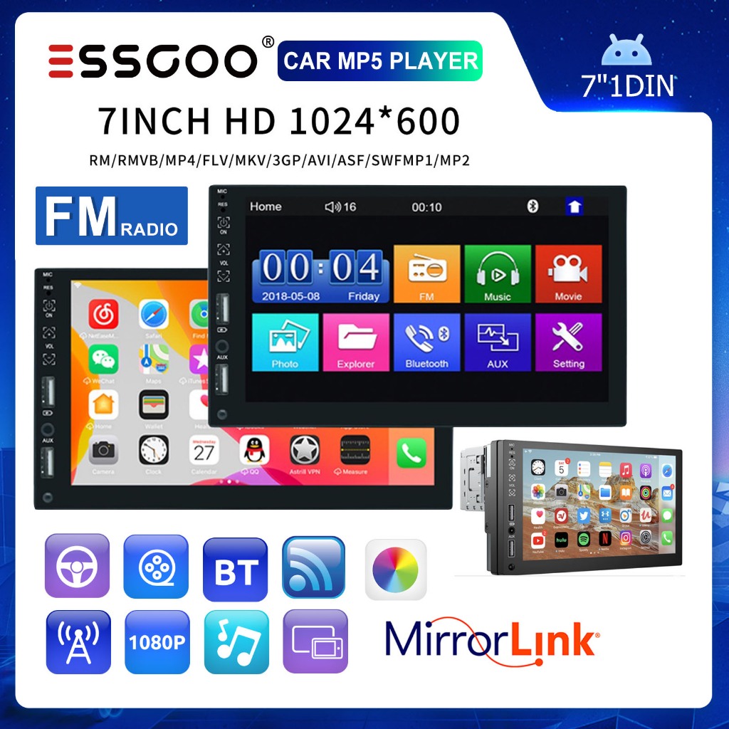 （Envio de São Paulo）ESSGOO Central Multimídia MP5 Automotiva Bluetooth 1 Din 7 Polegadas USB/AUX ...