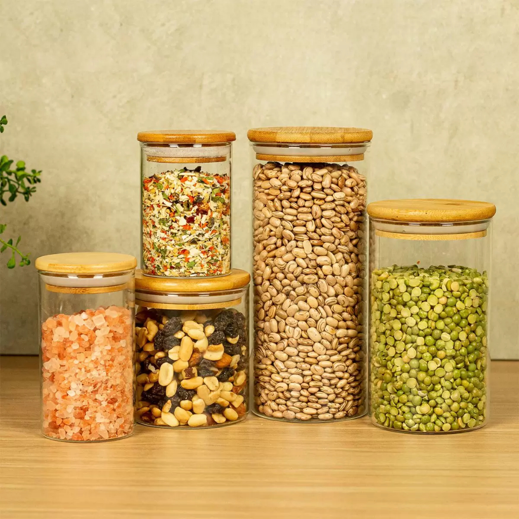 Kit Conjunto de Potes Herméticos De Vidro Com Tampa de Bambu | Shopee ...