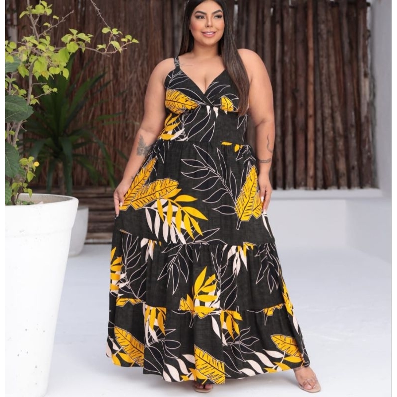 Vestido longo alça plus size forrado 50/54 - Liane | Shopee Brasil