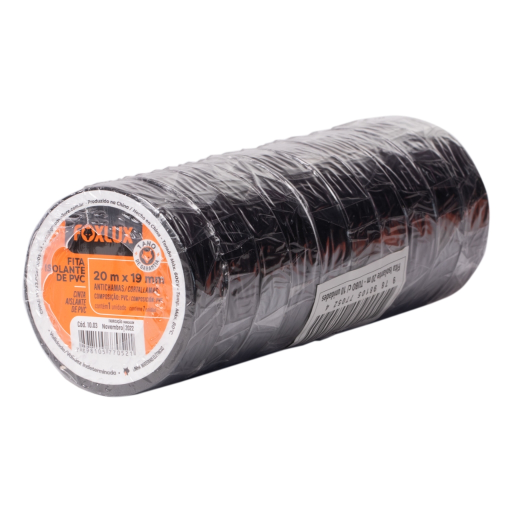 Fita Isolante PVC Antichamas 20M x 19mm Preta Foxlux – Kit com 10 ...