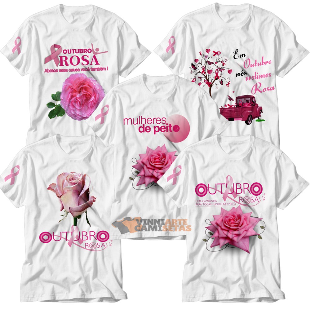 Kit 5 camiseta personalizada tradicional campanha combate cancer mama ...