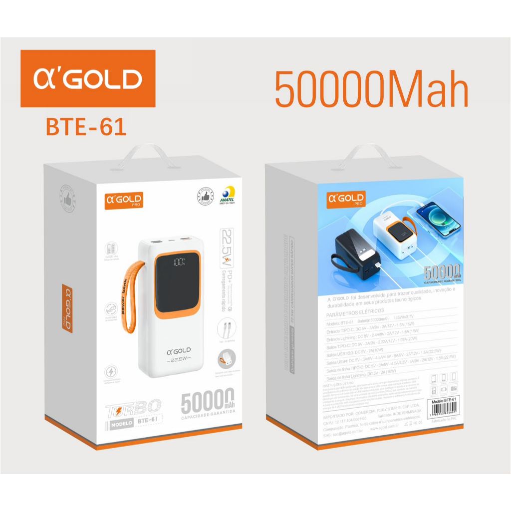 Carregador Portátil Power Bank Grande 50000mah Turbo 22.5W PD Rápido AGOLD BTE-61 | Shopee Brasil
