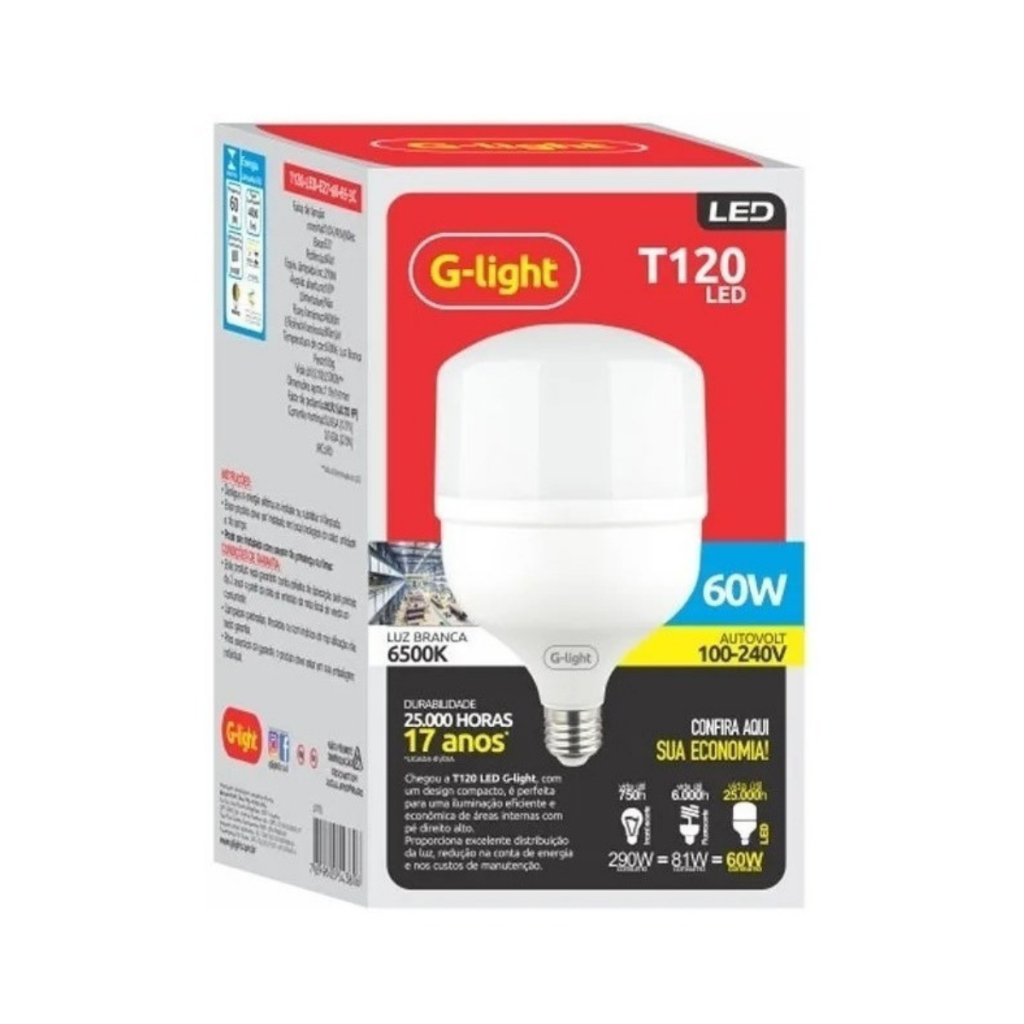 Lâmpada Led T120 60w 6500k 4800lm Bocal E27 - G-light Cor Da Luz Branco-frio 110v/220v | Shopee ...