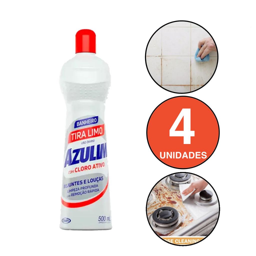 KIT COM 4 Tira Limo Azulim Cloro Ativo 500ml rejuntes louças limpeza ...