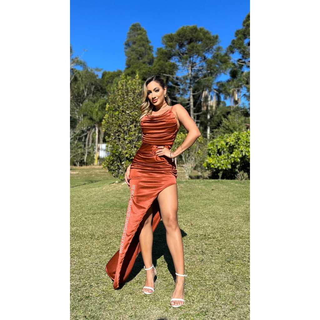 Vestido Longo Sereia Maya Terracota De Alcinha Com Fenda Festa ...