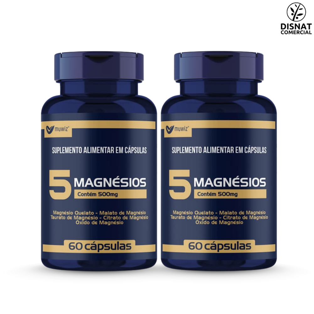 Kit 2x 5 Magnésios Muwiz 500mg 60 Cápsulas Quelato + Malato + Taurato + Citrato + Óxido de ...