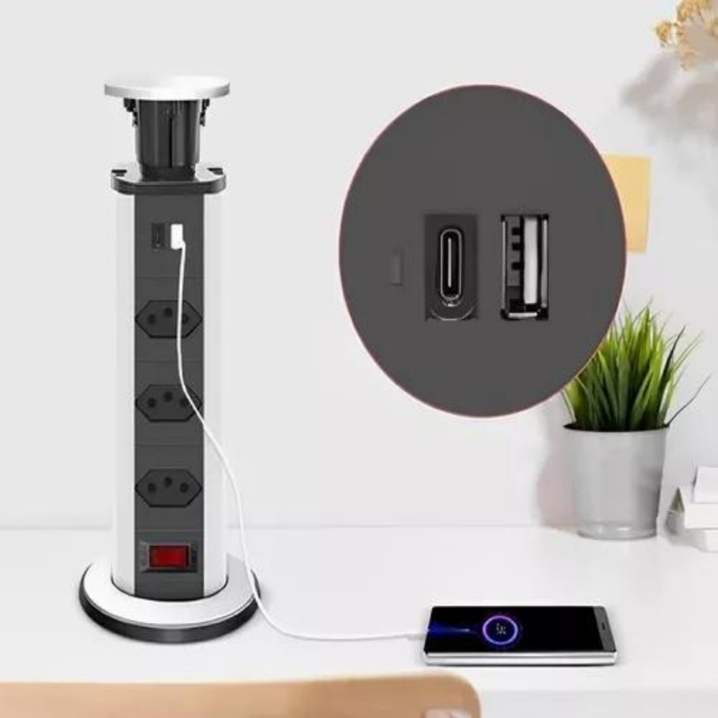 Torre Tomada Embutir Retrátil Mesa Multiplug Usb Tipo-c Bivolt - Faz a Boa!
