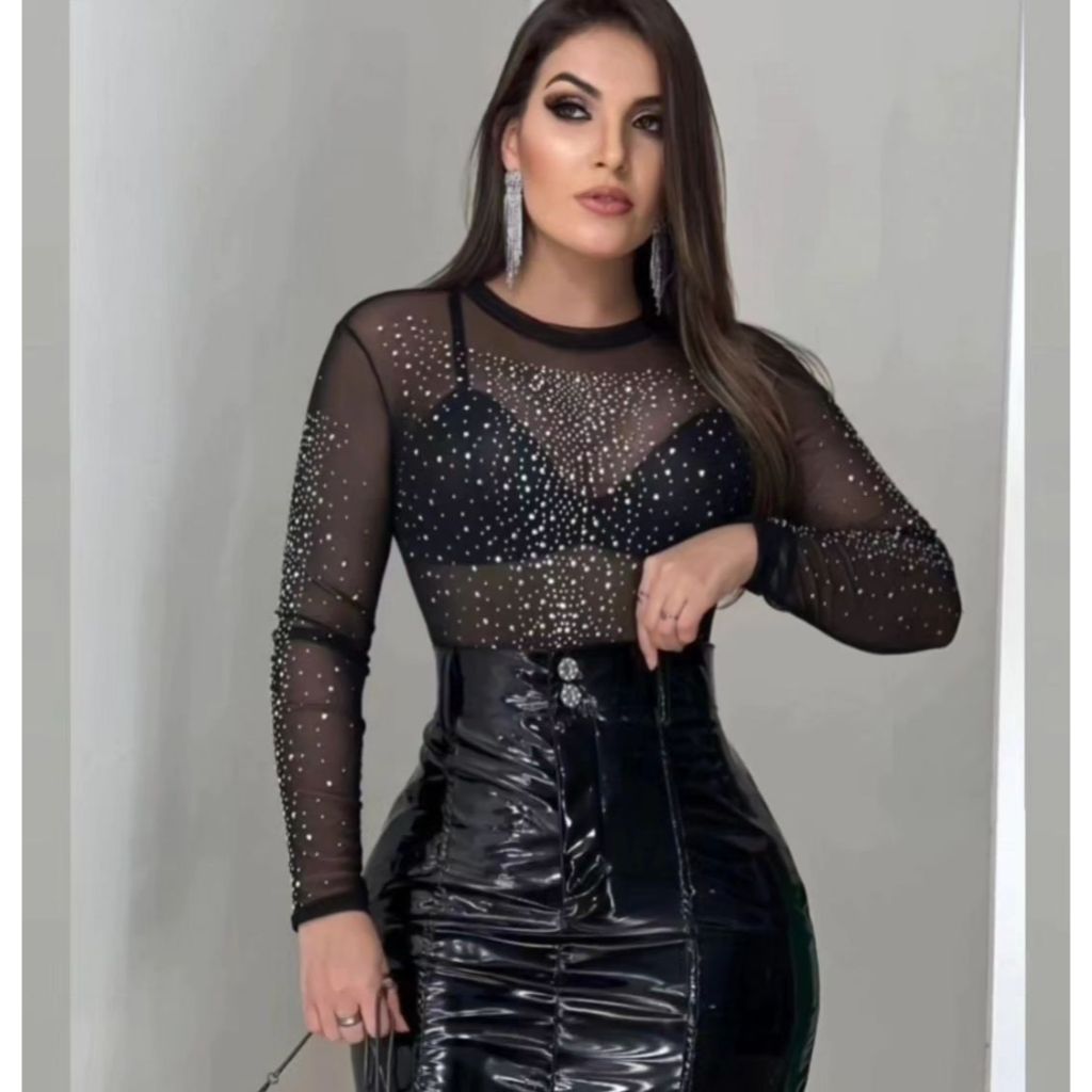 Body Tule Pedraria Transparente com Brilho Manga Longa Balada Tendência ...