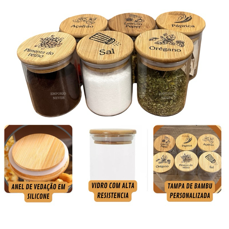 Kit 6 Potes Para Tempero 200ml Vidro Hermético Personalizado Tampa ...