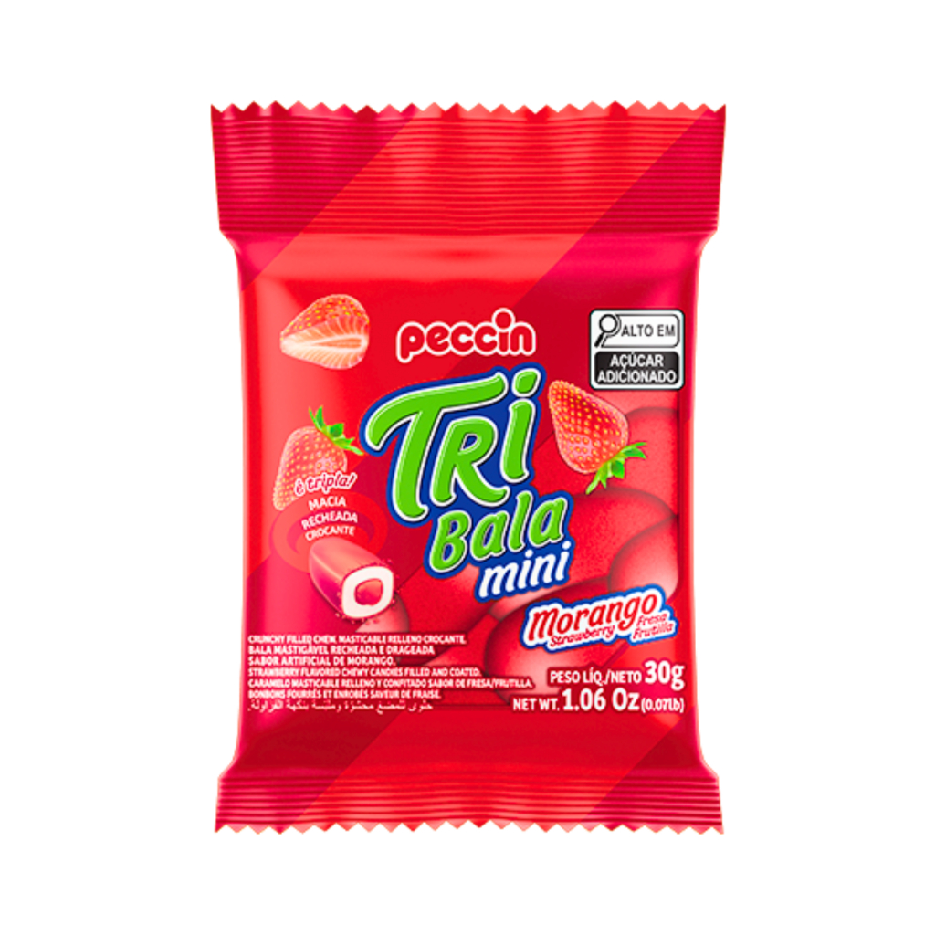 Bala Tribala Mini Morango Recheada Mastigável Peccin Saquinho Com 30g ...