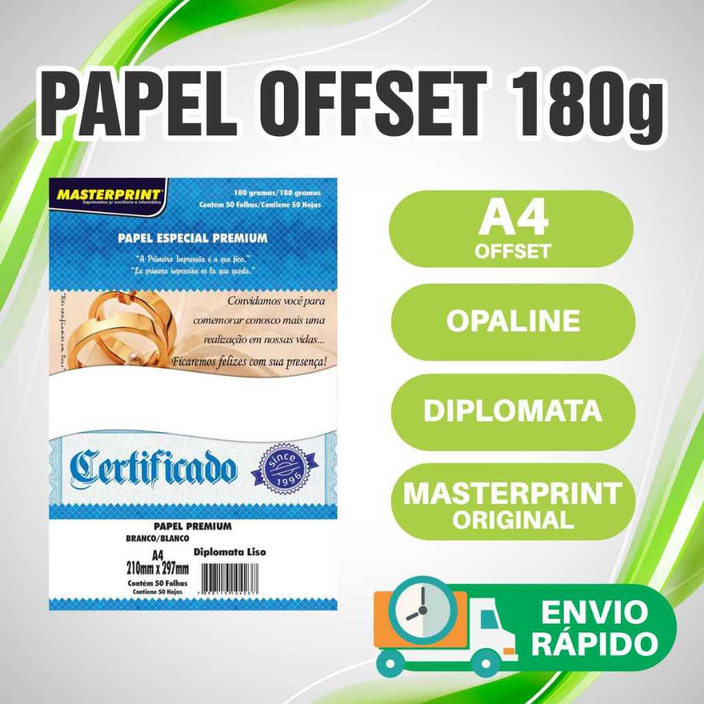 Papel Sulfite Offset 180g A4 Diplomata Opaline Branco 50 a 100 Folhas - Masterprint | Shopee Brasil