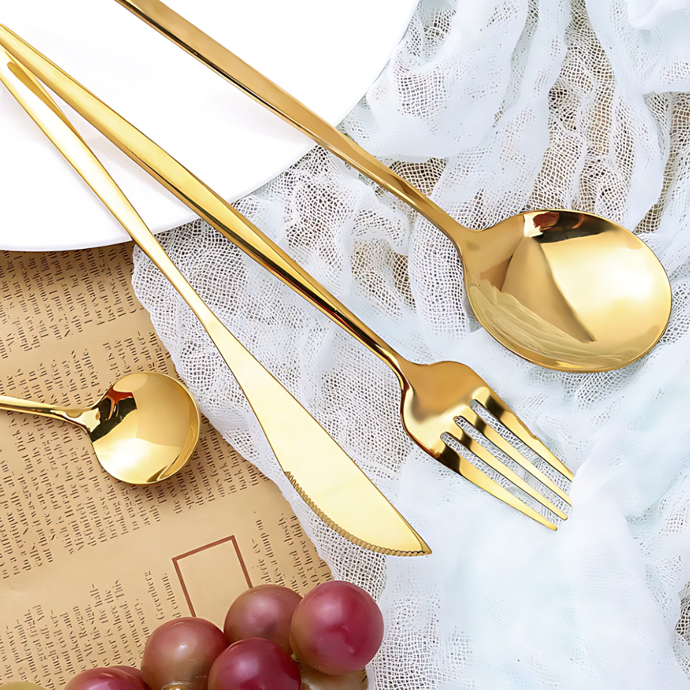 Aço Inox Talheres 24 Peças Dourado Facas Garfos e Colheres Na Cozinha ...