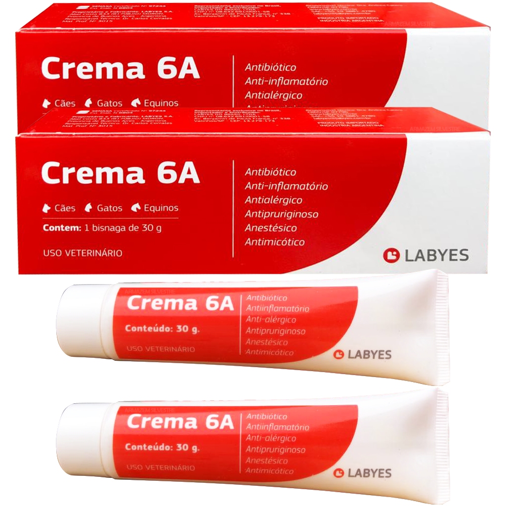 2 Crema 6a 30g Pomada Bisnaga Dermatites Lesões Pele Cães Gatos Equinos ...