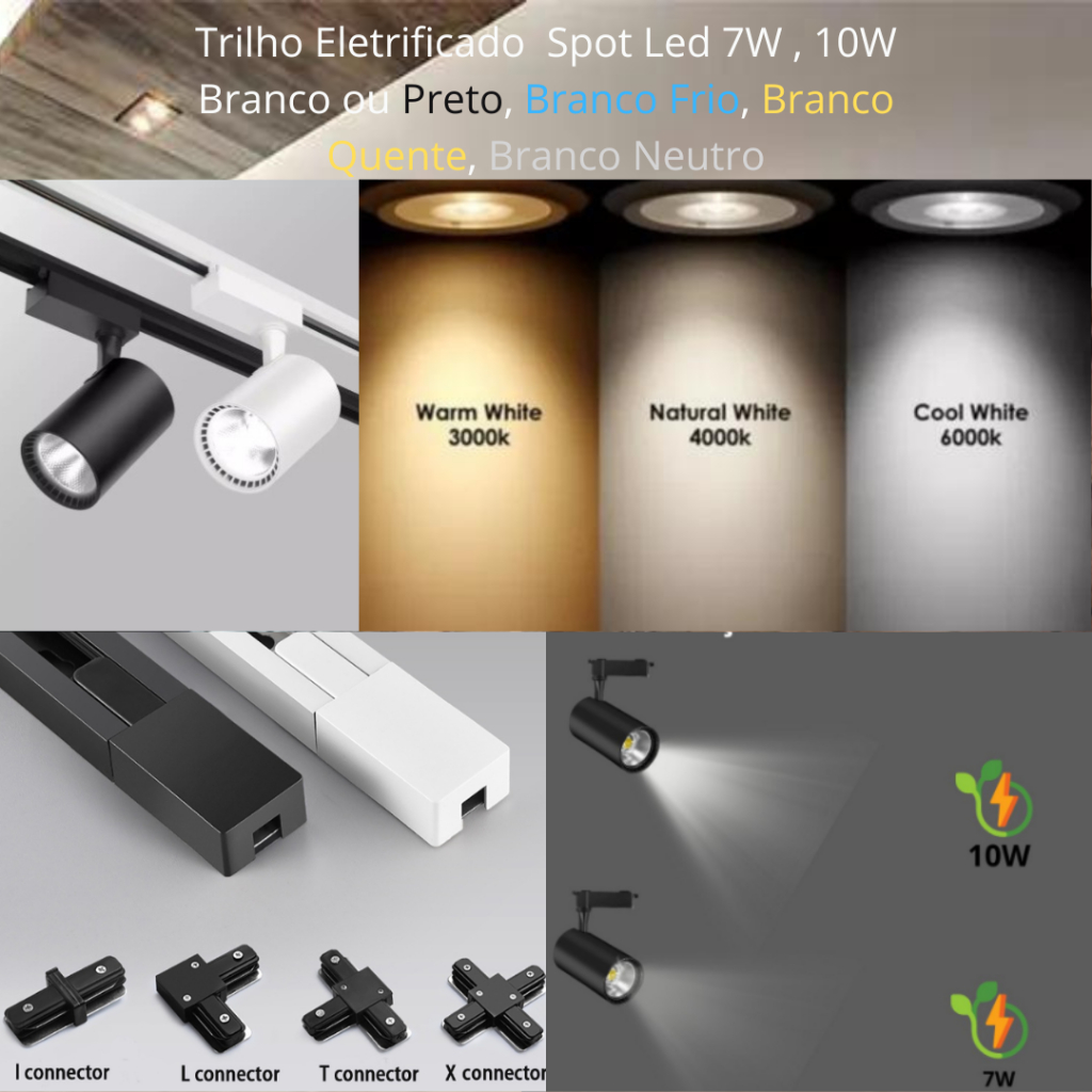 Kit Trilho Eletrificado Sobrepor 2m + 6 Spots 7w/10w Led Direcionável ...