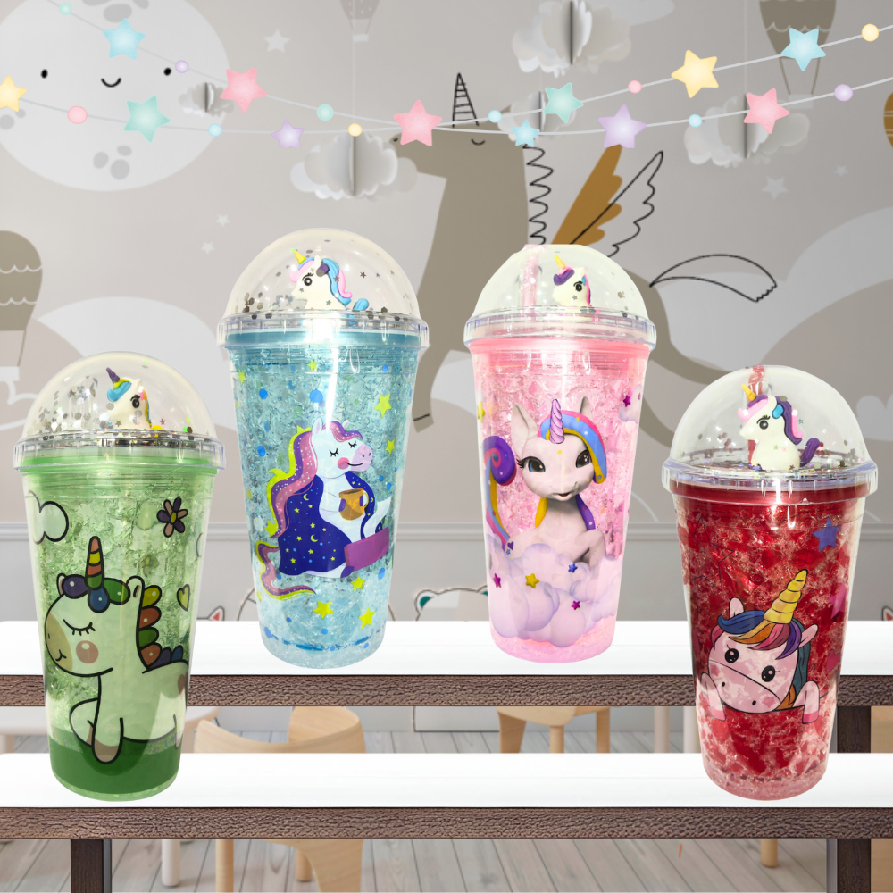 Copo com Canudo Unicórnio Com Canudo Acrílico Brilhoso Parede Dupla Resistente Estampada Festa ...
