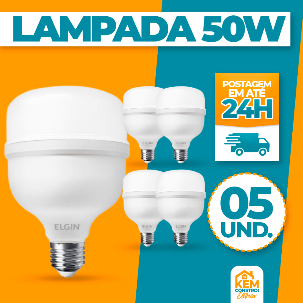 Kit 5 Lâmpadas Elgin Luz Branca LED E-27 de Alta Potência 6500K Bivolt 50W | Shopee Brasil