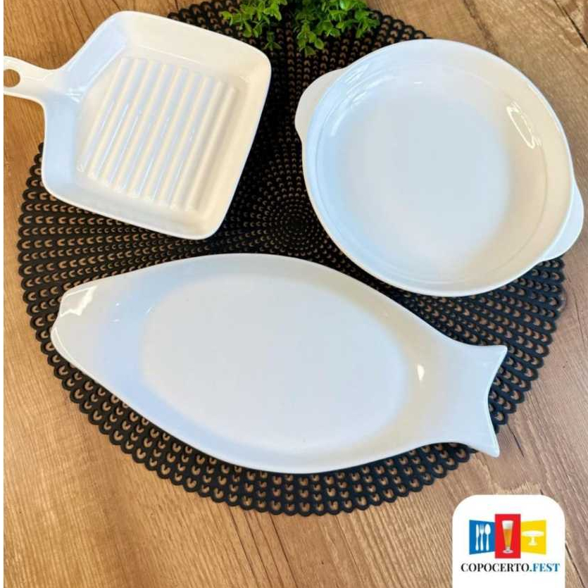 Kit 3 Travessas Servir Porcelana Branca - Escorrega o Preço