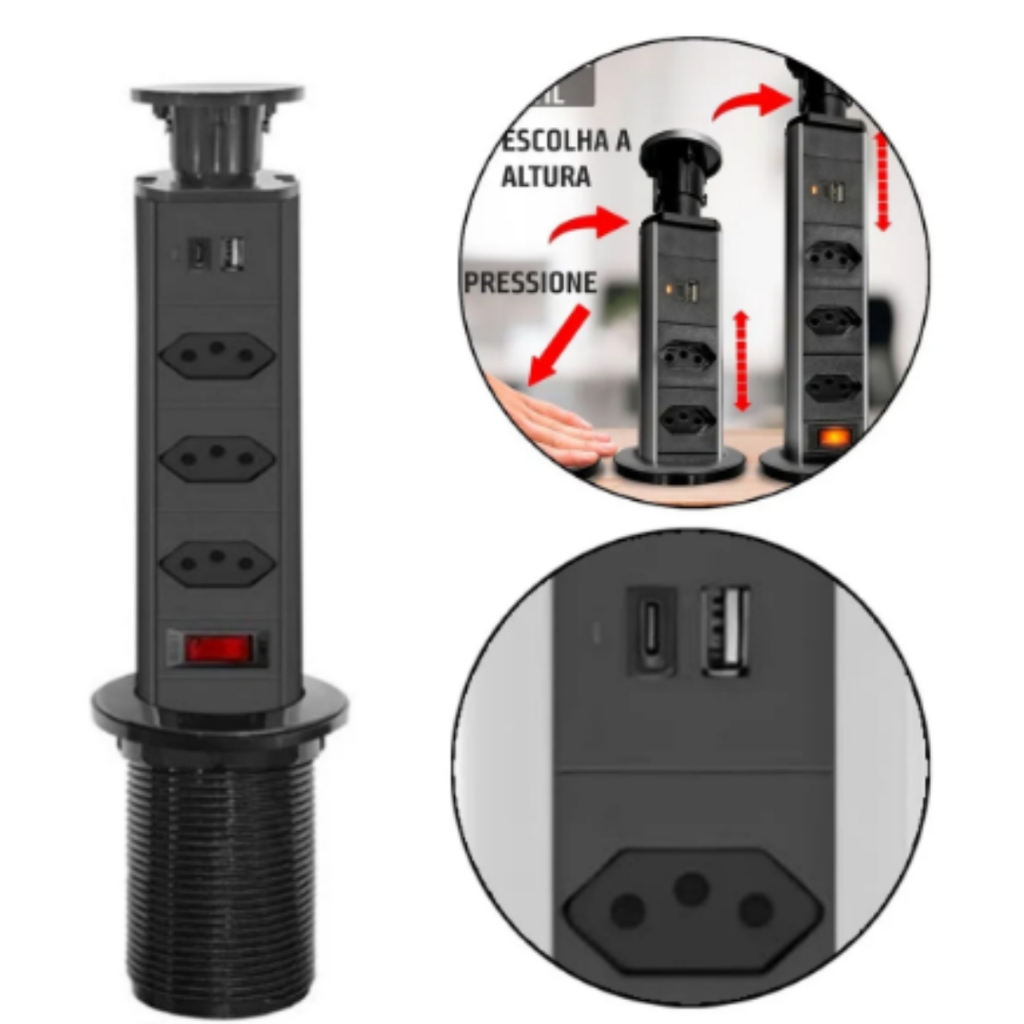Torre Tomada Para Bancada De Embutir Retratil Com USB Para Moveis 10a ...