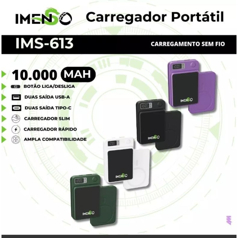 Carregador Portátil IMENSO IMS-613 Power Bank Sem Fio Indução 10000mah ...