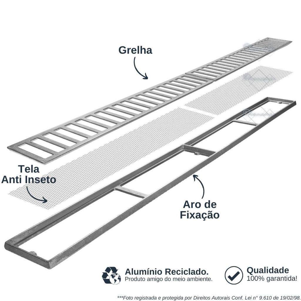 Grelha/ Ralo Linear Pluvial Aluminio 10x100 cm c/ Suporte e Tela Anti ...