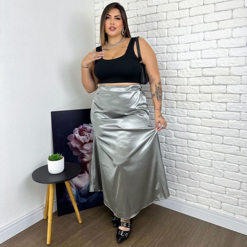 Saia Longa Plus Size July Prata em Cetim para Festas, Casamentos e Eventos | Shopee Brasil