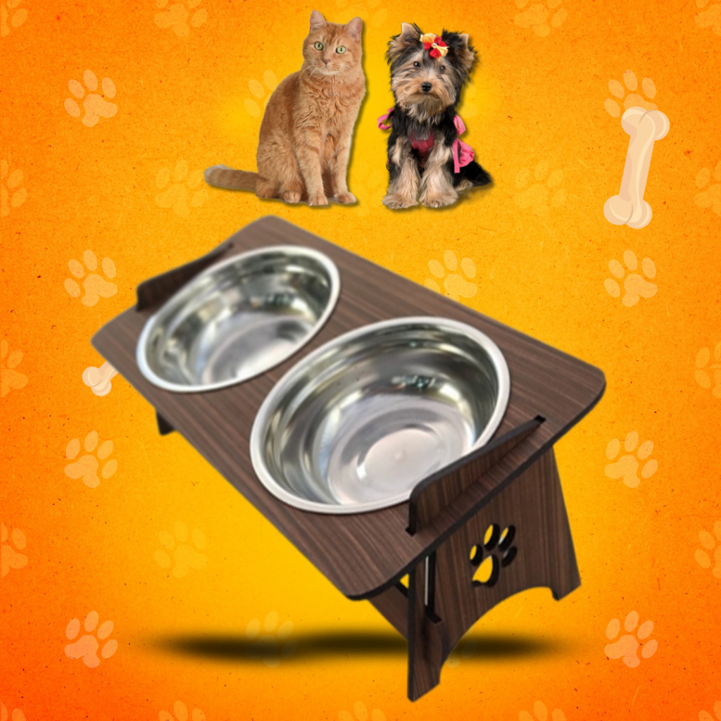 Comedouro Pet Elevado Duplo Com TAMPAS Gato E Cachorro 2 Tigelas Inox ...