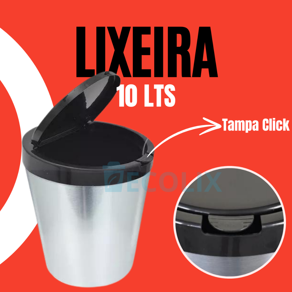 Lixeira Cesto de Lixo 10 Litros Inox Automática Tampa Click Label Para ...