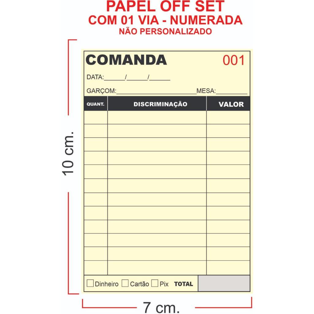 Blocos de Comanda 10x7 padrão, numerada c/ 100 Folhas para Lanchonete, Barzinho, Restaurante ...