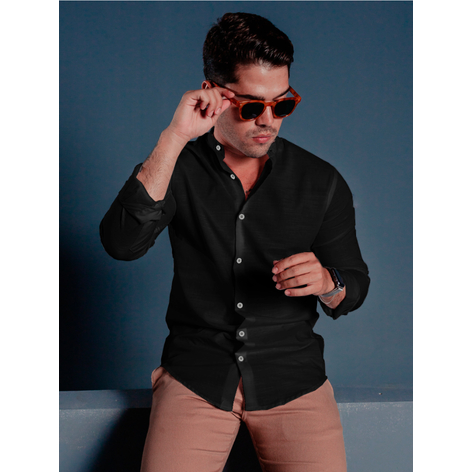 Camisa Social Masculina Manga Longa De Linho Slim Fit Gola Padre - Look ...