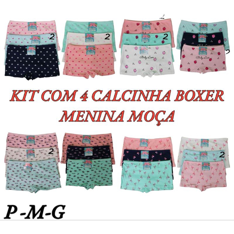 KIT COM 4 CALCINHA BOXER MENINA MOÇA | Shopee Brasil