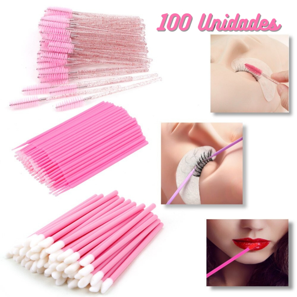 Kit 100 Escovinhas + 100 Microbrush + 100 Aplicador de Batom Alongamento Cilios | Shopee Brasil
